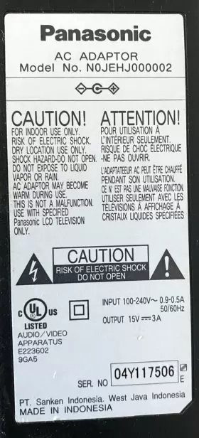 N0JEHJ000002 PANASONIC Ac Adapter Tv